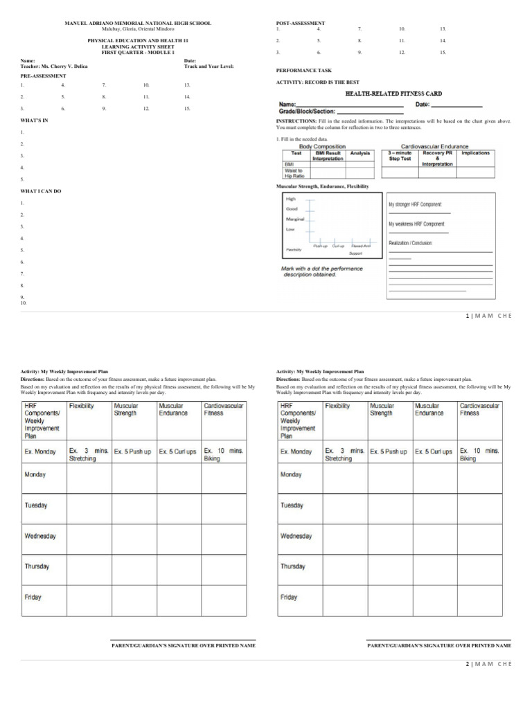 11 Pe - Activity Sheet | PDF | Physical Fitness | Cognition