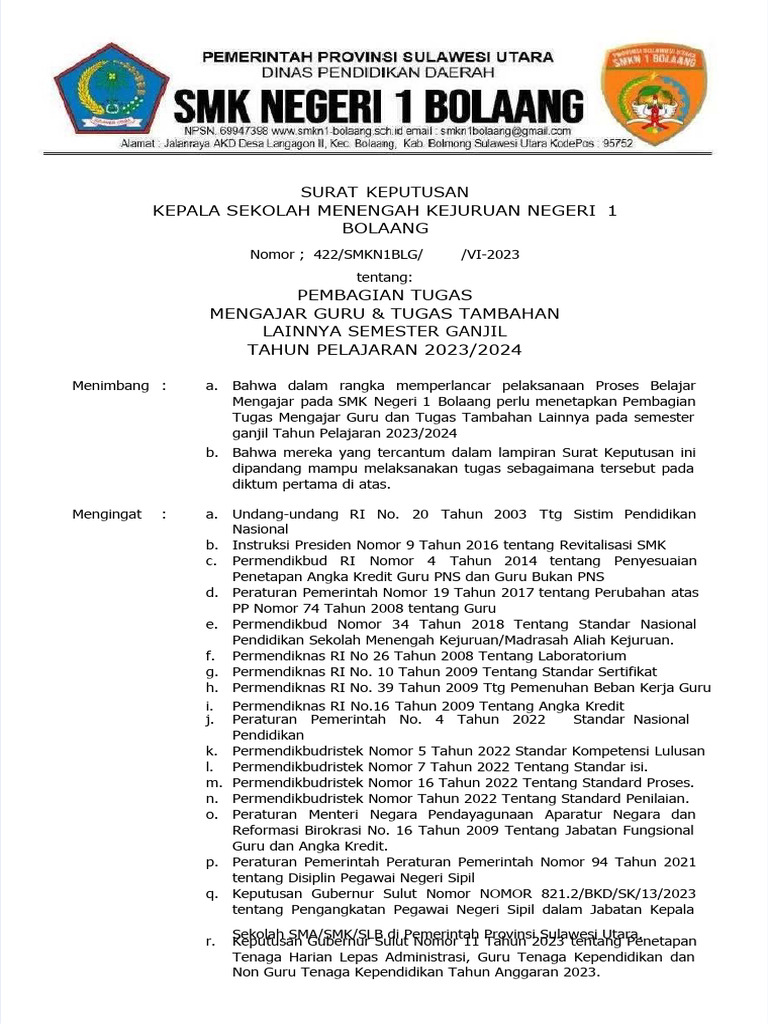 PDF SK Pembagian Tugas Mengajar Ganjil 2023 2024 - Compress | PDF