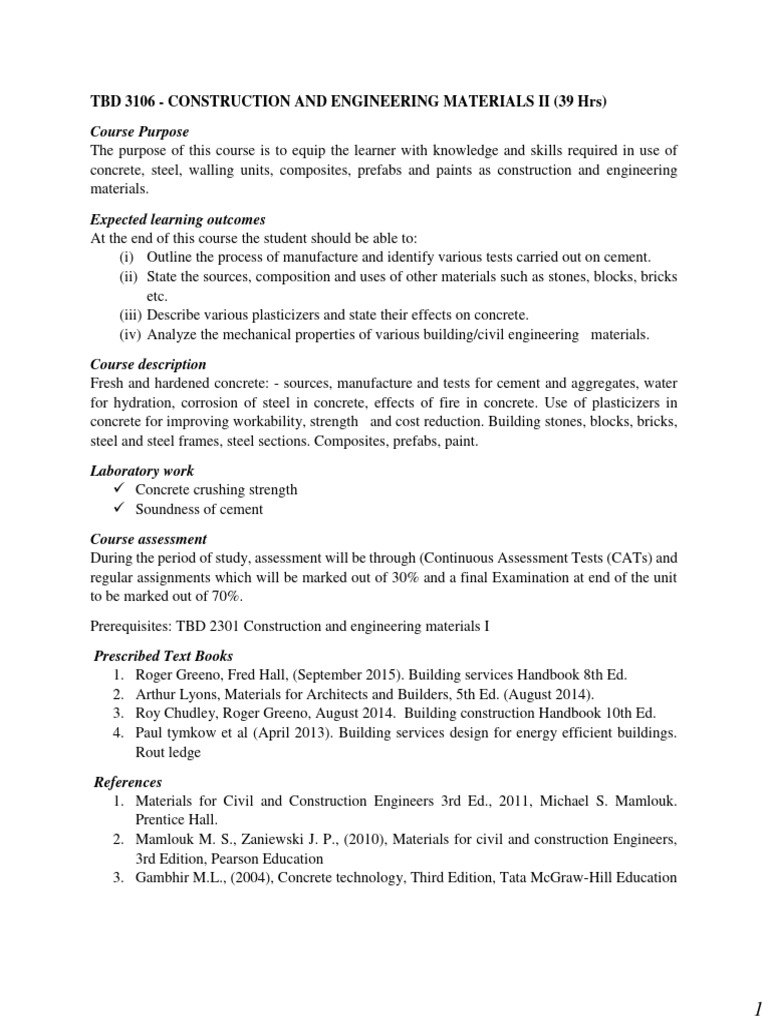 TBD 3106 - Construction and Engineering Materials II Batch 1 Notes ...