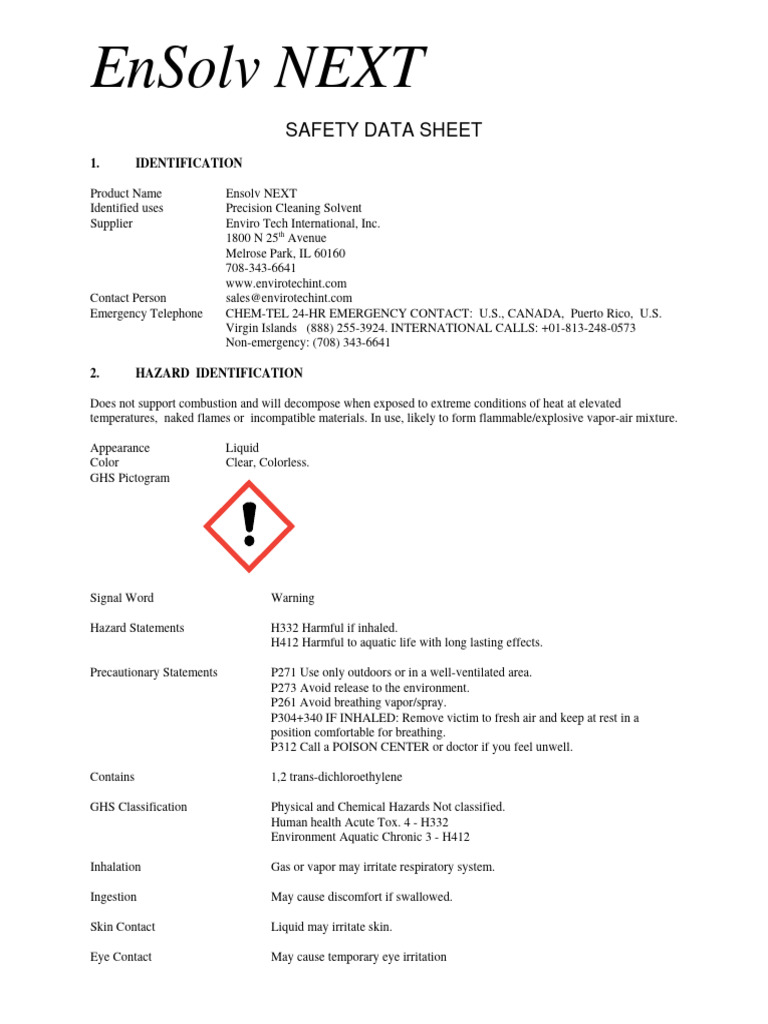 EnSolv NEXT SDS | PDF | Personal Protective Equipment | Water