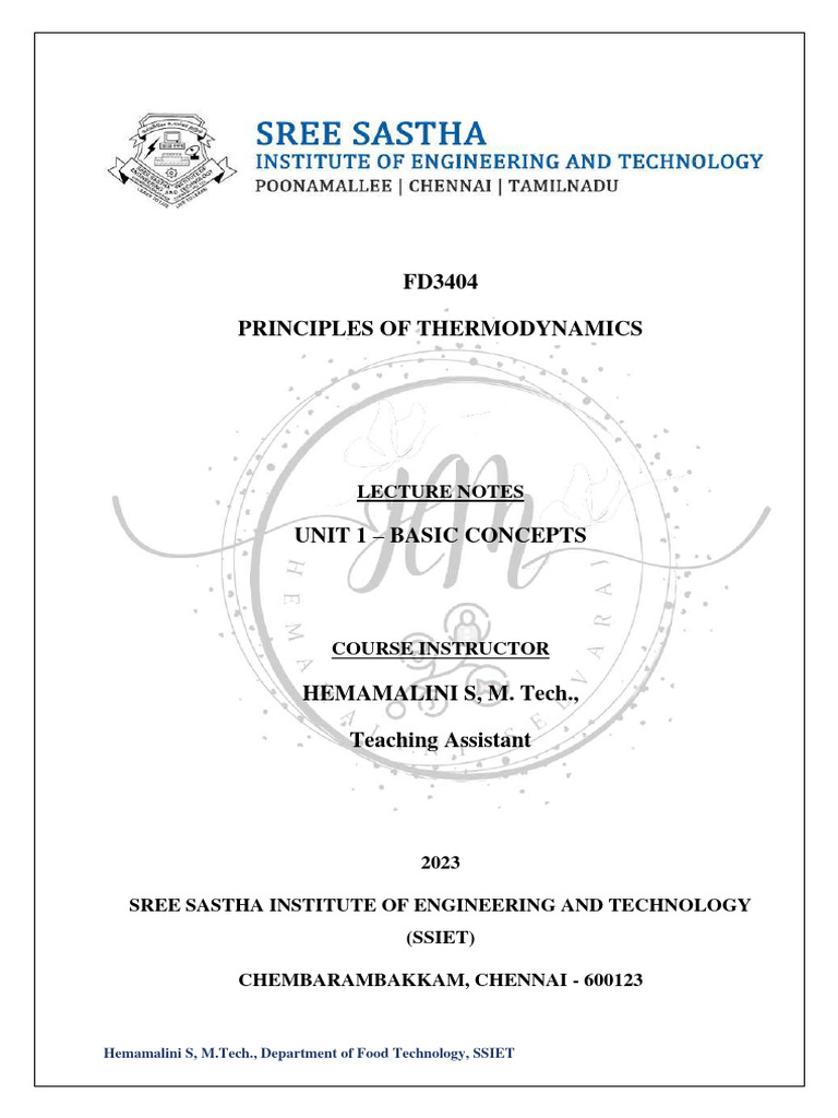 Unit 1 - Basic Concepts - FD3404 - Principles of Thermodynamics | PDF ...