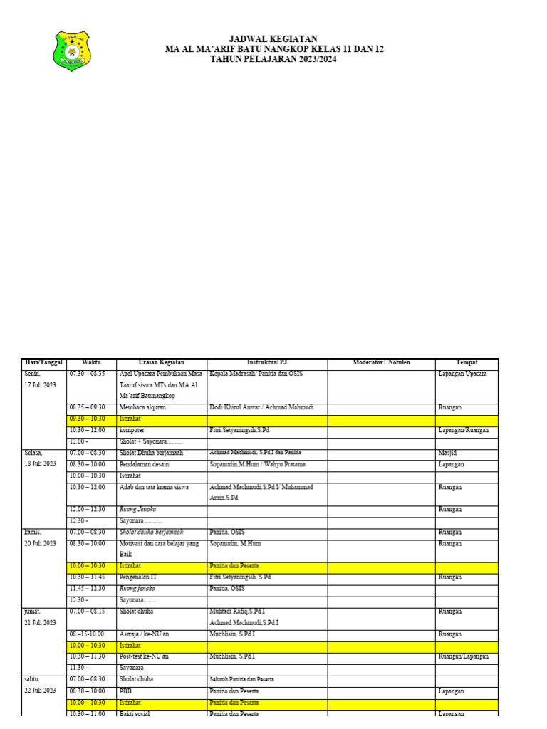 JADWAL KEGIATAN Kelas 11 Dan 12 BLM Jadi | PDF