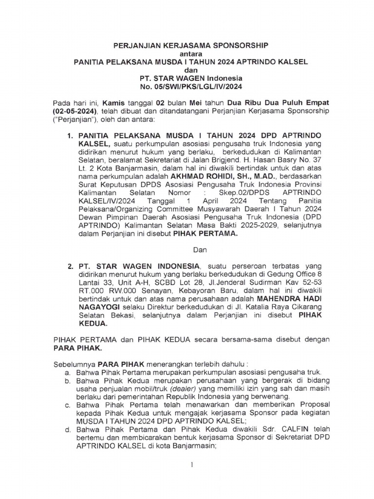 Perjanjian Kerjasama Sponsorship | PDF