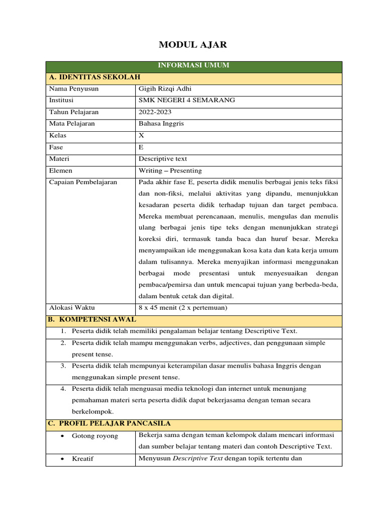 Modul Ajar Descriptive X DKV 2 - SIKLUS 1 - Gigih | PDF