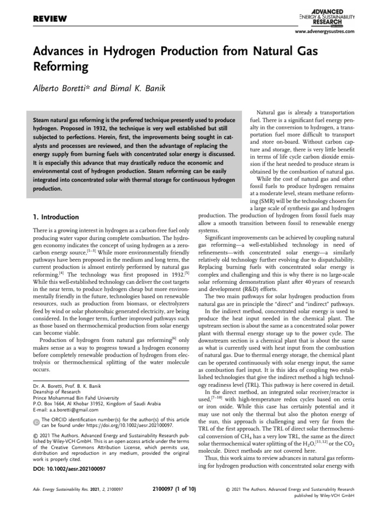 Advances in Hydrogen Production From Natural Gas Reforming | PDF | Catalysis | Solar Energy