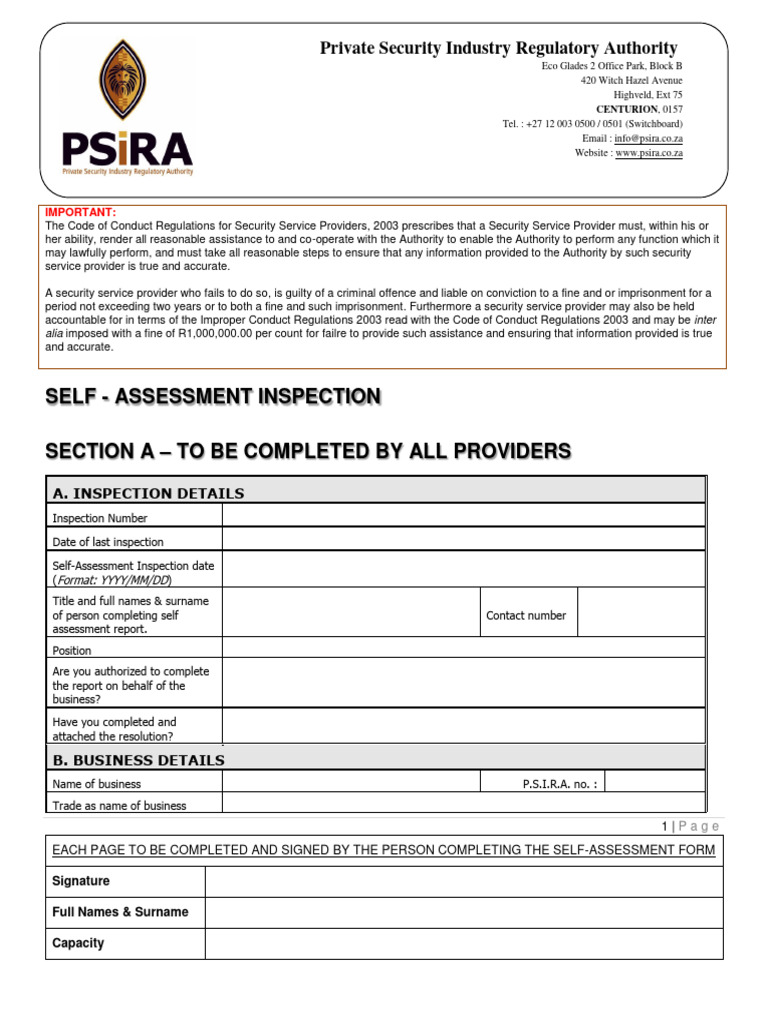 Business Self-Assessment - Inspection Report | PDF | Security Guard ...