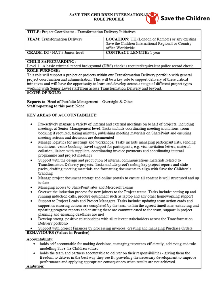 Project Coordinator Role at Save the Children | PDF | Collaboration ...