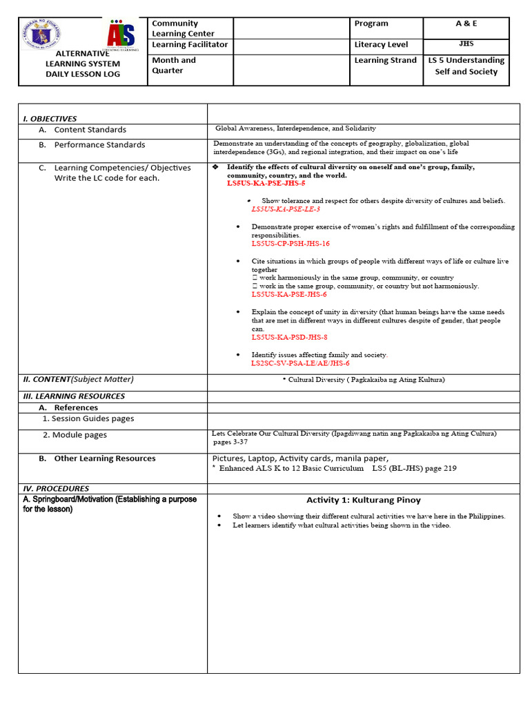 Dll-ls5 Romina Cultural-Diversity Jhs | PDF | Learning | Philippines