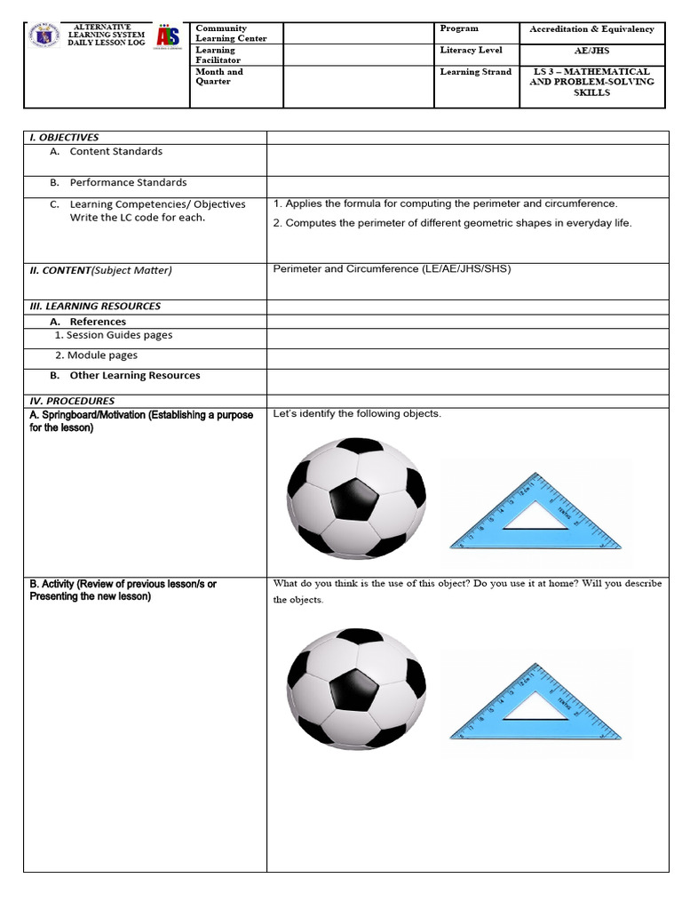 Daily Lesson Log: Perimeter & Circumference | PDF | Learning | Rectangle