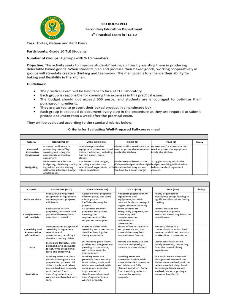 Grade 10 TLE Practical Exam Plan | PDF | Cooking, Food & Wine