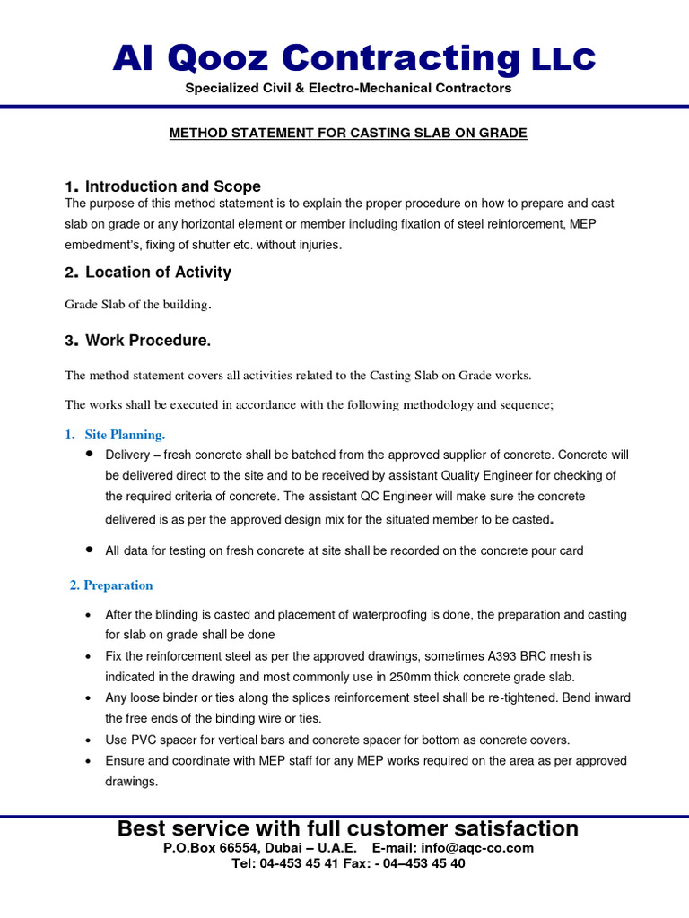 Method Statement for Slab Casting | PDF | Concrete | Occupational ...