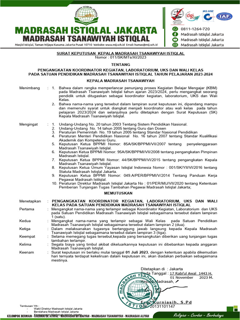 011 Mts Revisi SK Koordinator Dan Wali Kelas Ta 2023-2024 | PDF
