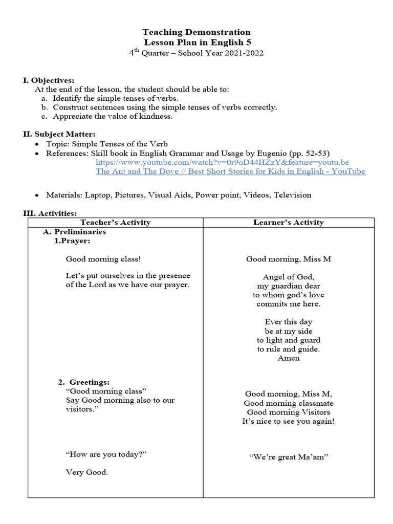 Lesson Plan in English 5 - Teaching Demonstration | PDF | Grammatical ...