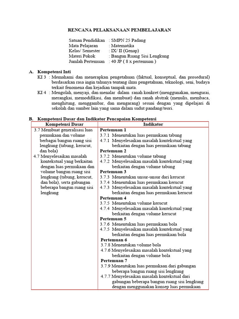 RPP Bangun Ruang Sisi Lengkung KLS 9 | PDF
