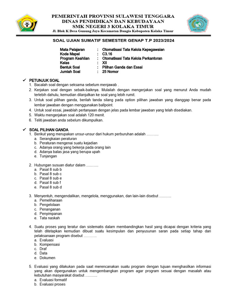 Soal Semester Vi Otk Kepegawaian Xii Otkp | PDF