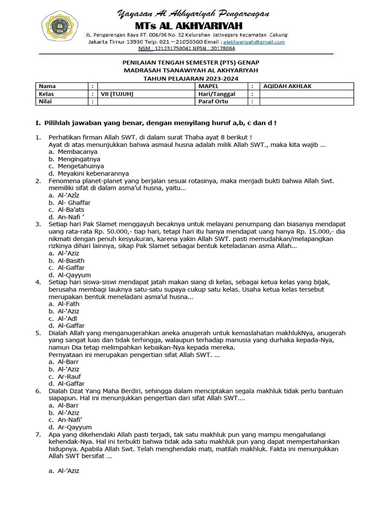 Soal PTS AA Kelas 7 Semester 2 2023-2024 | PDF