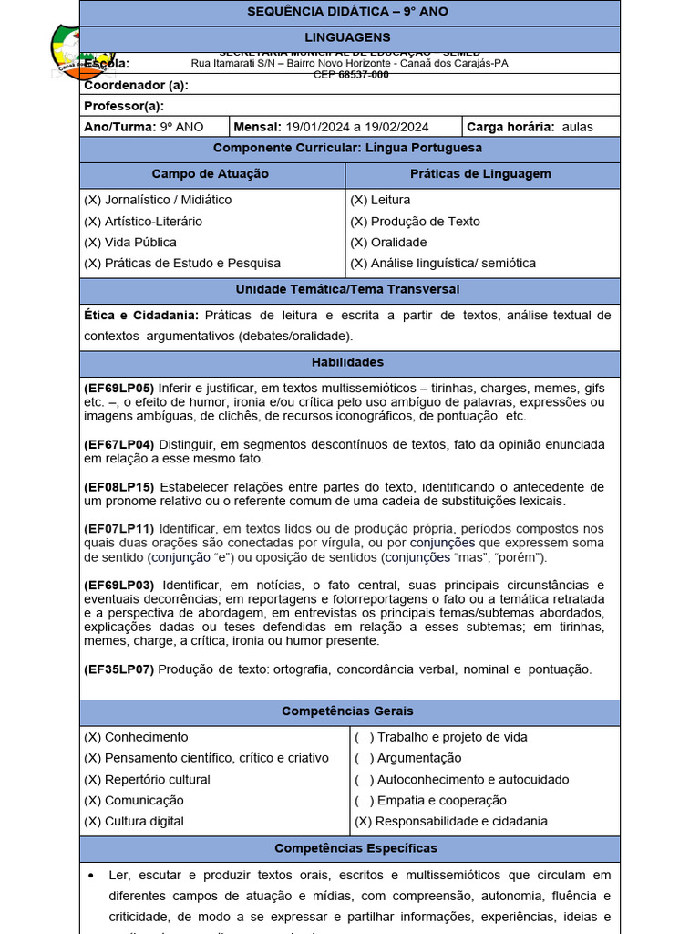 SEQUÊNCIA DIDÁTICA 9º Ano LP 2024 | PDF | Contrato social | Sociologia