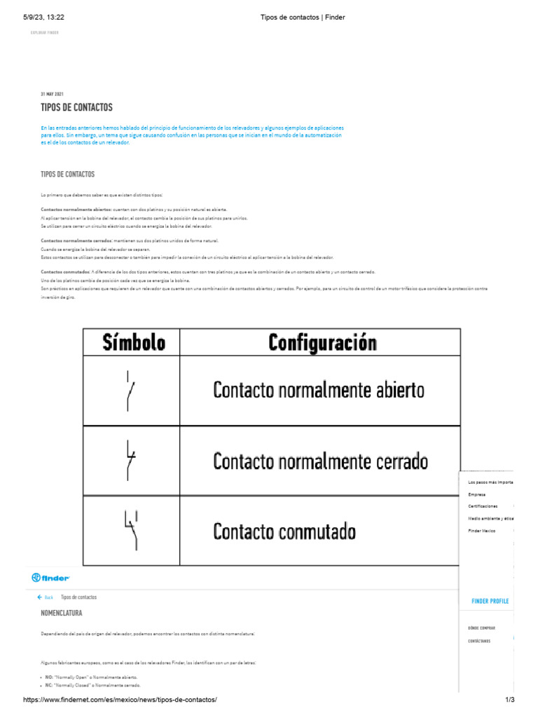 Tipos de Contactos - Finder TIPO A TIPO B | PDF | Relé | Equipo