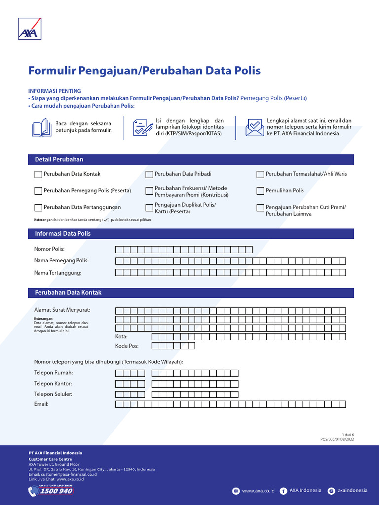 Formulir Perubahan Data Polis AXA | PDF