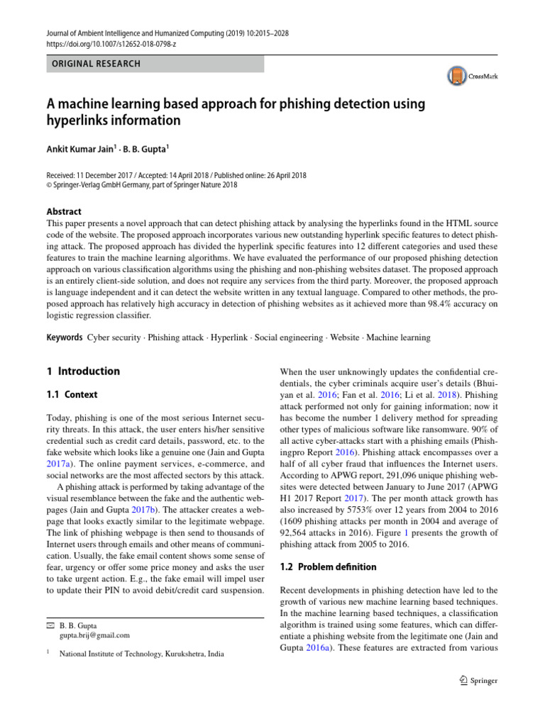 A Machine Learning Based Approach For Phishing Detection Using | PDF | Phishing | Hyperlink