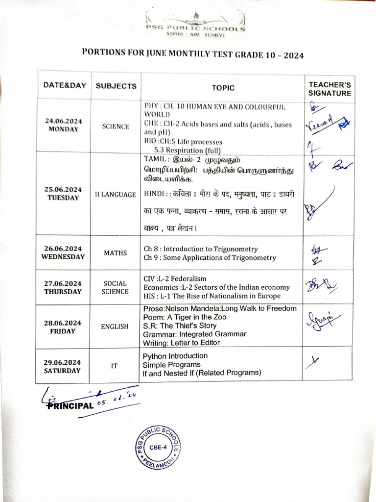 Grade 10 June Monthly Test Portions | PDF