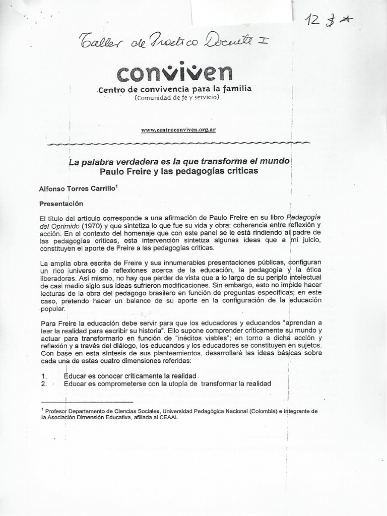La Palabra Verdadera Es La Que Transforma El Mundo - Paulo Freire | PDF