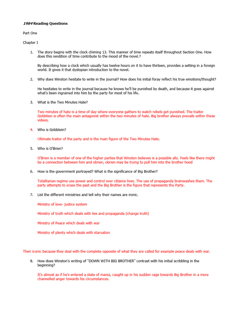 1984 Chapter Questions 2 | PDF