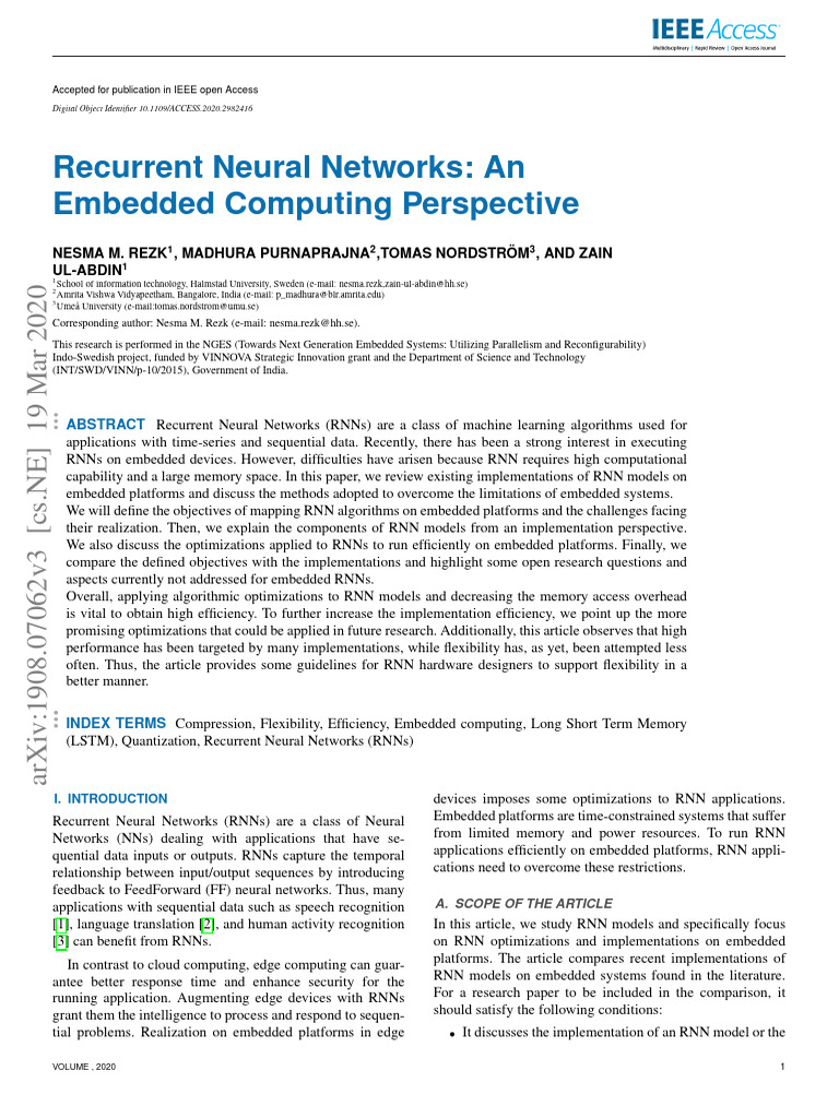 Recurrent Neural Networks: An Embedded Computing Perspective | PDF ...