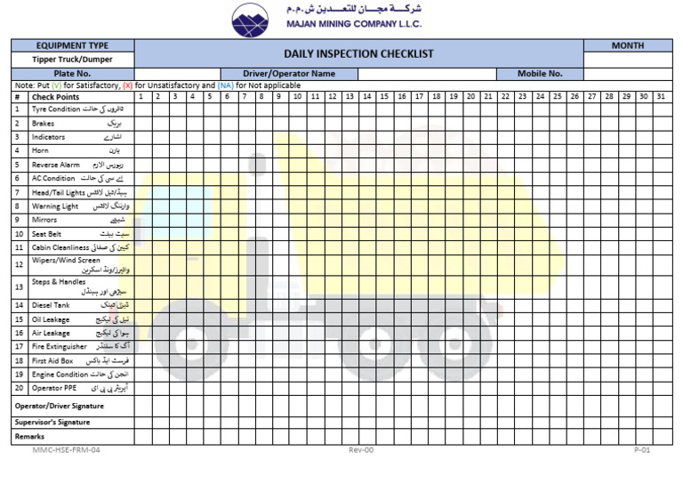 Tipper Truck & Dumper Daily Checklist | PDF