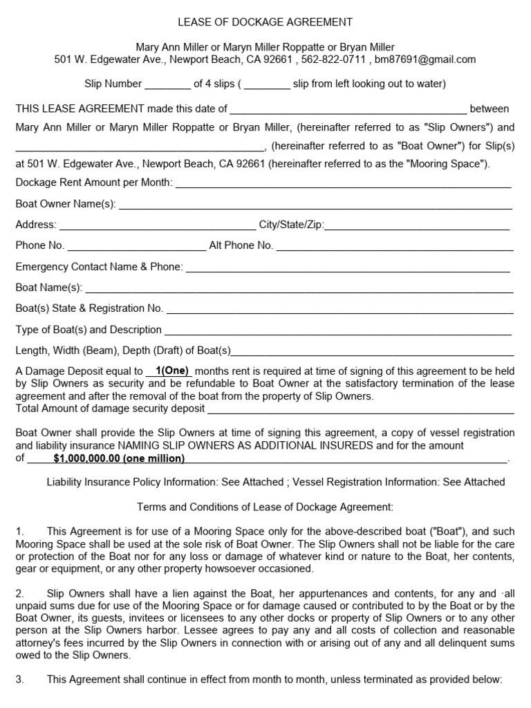 Boat Dockage Lease Agreement Template | PDF | Lease | Common Law