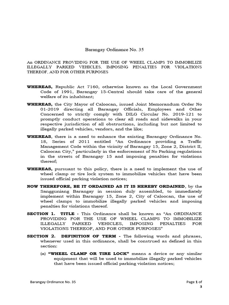 Wheel Clamping Ordinance in Caloocan | PDF | Vehicles | Local Ordinance