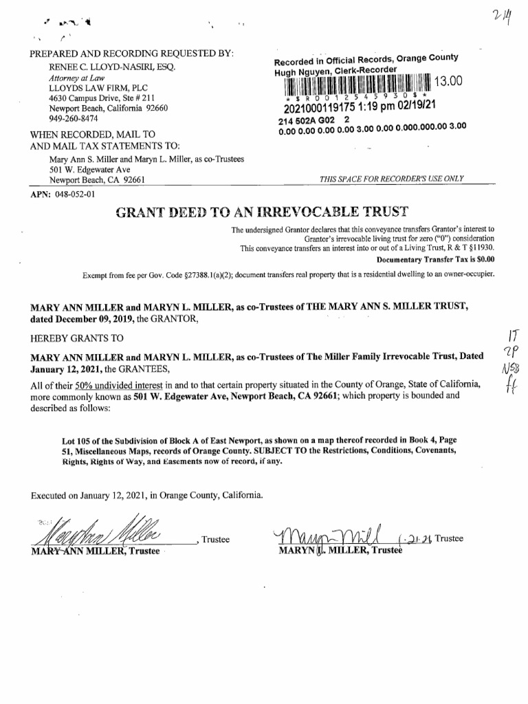 2020 Deed Edgewater Miller Family Irrevocable Trust 50% | PDF