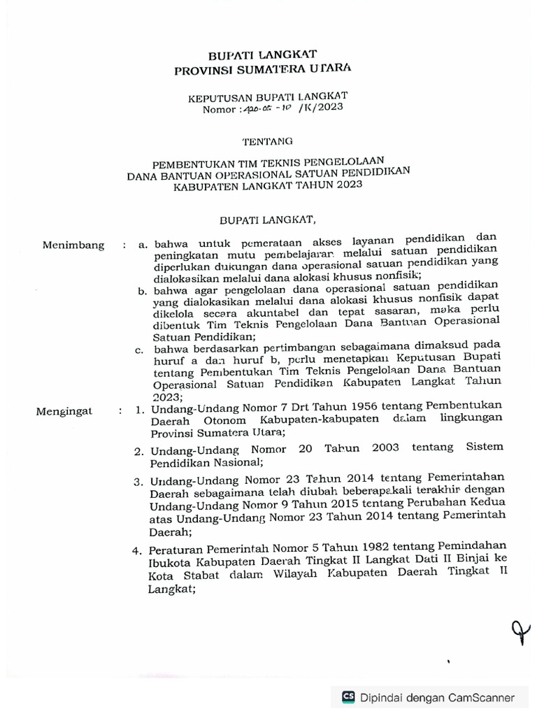 SK Tim Teknis Pengelolaan Dana BOSP Kab. Langkat 2024 | PDF