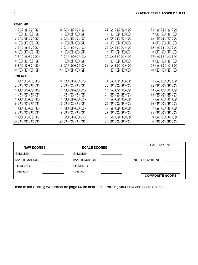 ACT Sciences Answer Sheets | PDF ACT Sciences Answer Sheets | PDF