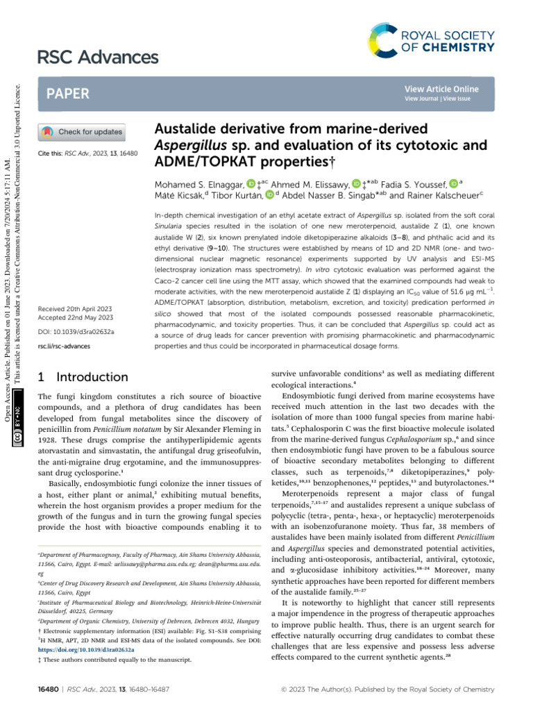 Marine Aspergillus: Austalide Z Cytotoxicity | PDF | Fungus | Two Dimensional Nuclear Magnetic ...