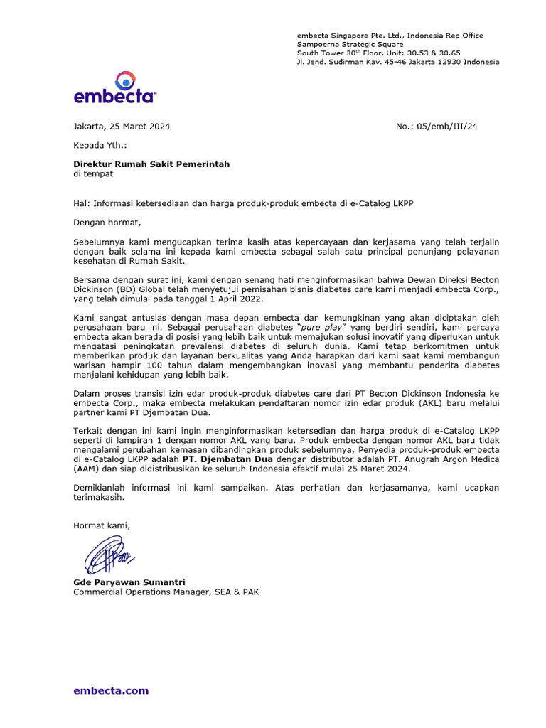 E-Catalog LKPP - Surat Informasi Produk Embecta Dengan AKL Baru | PDF