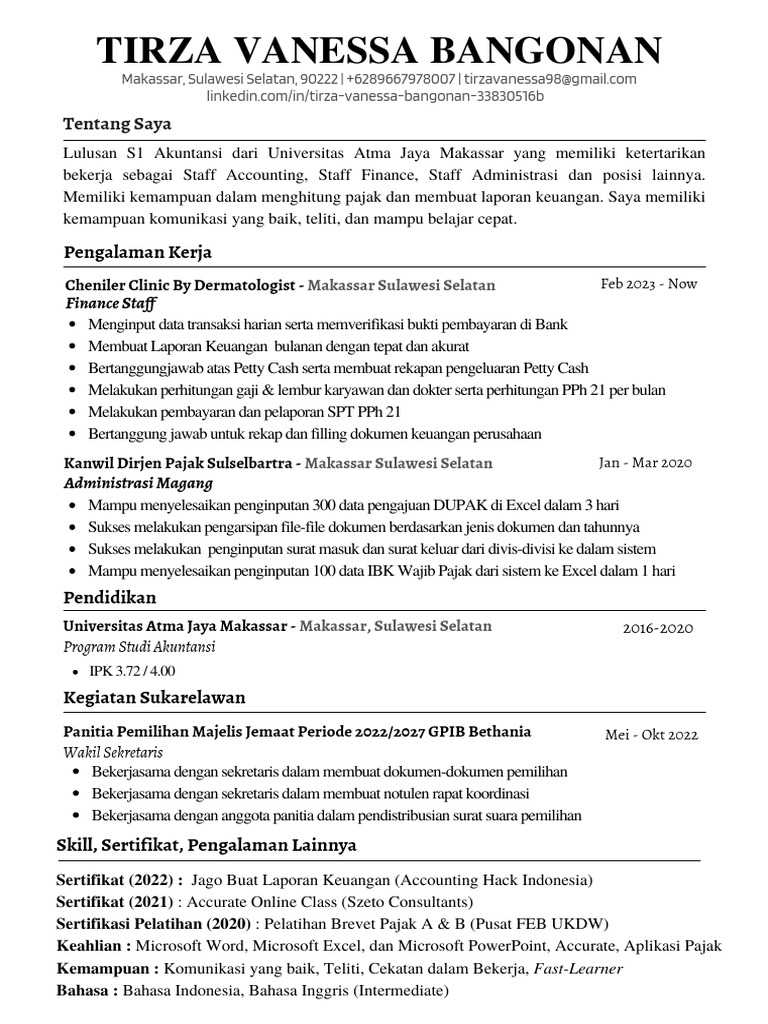 Tirza Vanessa Bangonan TAX OFFICER Resume | PDF | Karier & Perkembangan