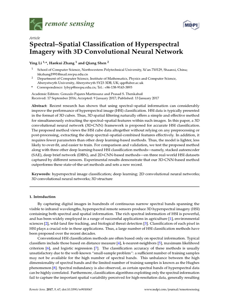 Remote Sensing: Spectral-Spatial Classification of Hyperspectral Imagery With 3D Convolutional ...