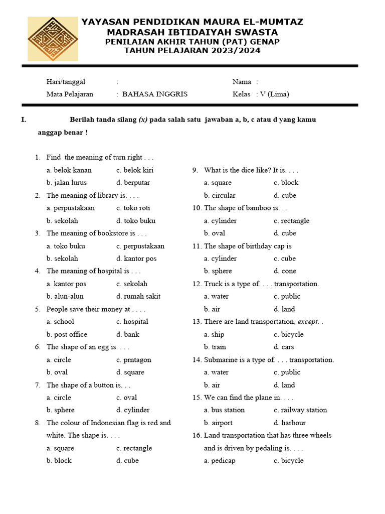 Soal Pat Bahasa Inggris | PDF | Euclidean Geometry | Geometric Objects