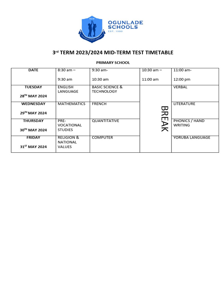 2024 Primary School Mid-Term Timetable | PDF