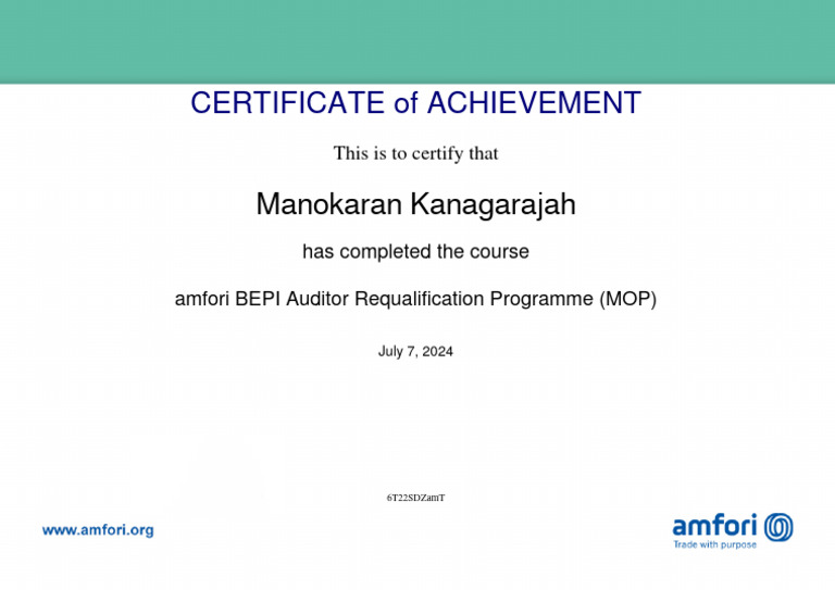 Amfori BEPI Auditor Requalification Programme (MOP) - Certificate For ...