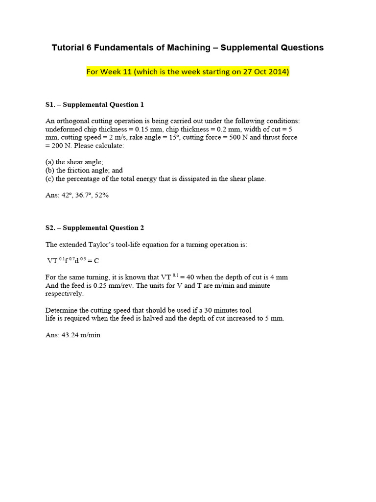 Machining Fundamentals: Week 11 Questions | PDF