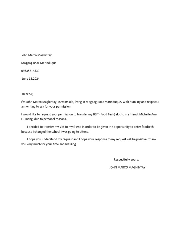 BSIT Slot Transfer Request Letter | PDF | Lifestyle
