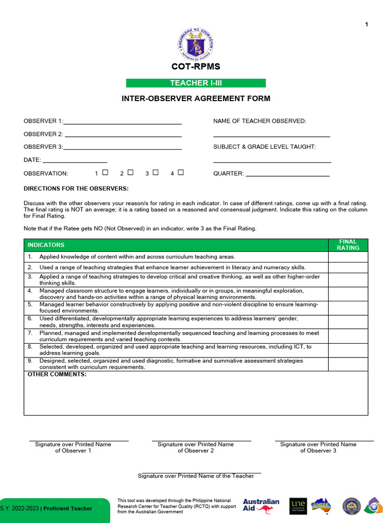 Inter Observer Agreement Form | PDF | Learning | Curriculum