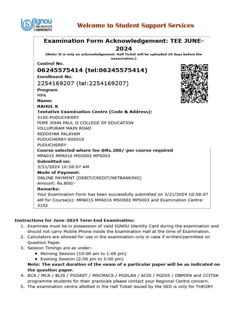 IGNOU - Examination Form Acknowledgement | PDF | Banking Technology ...