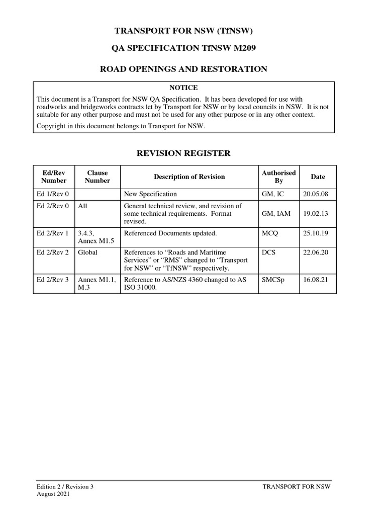 1 TFNSW M209 Road Openings and Restoration | PDF | Concrete | Road