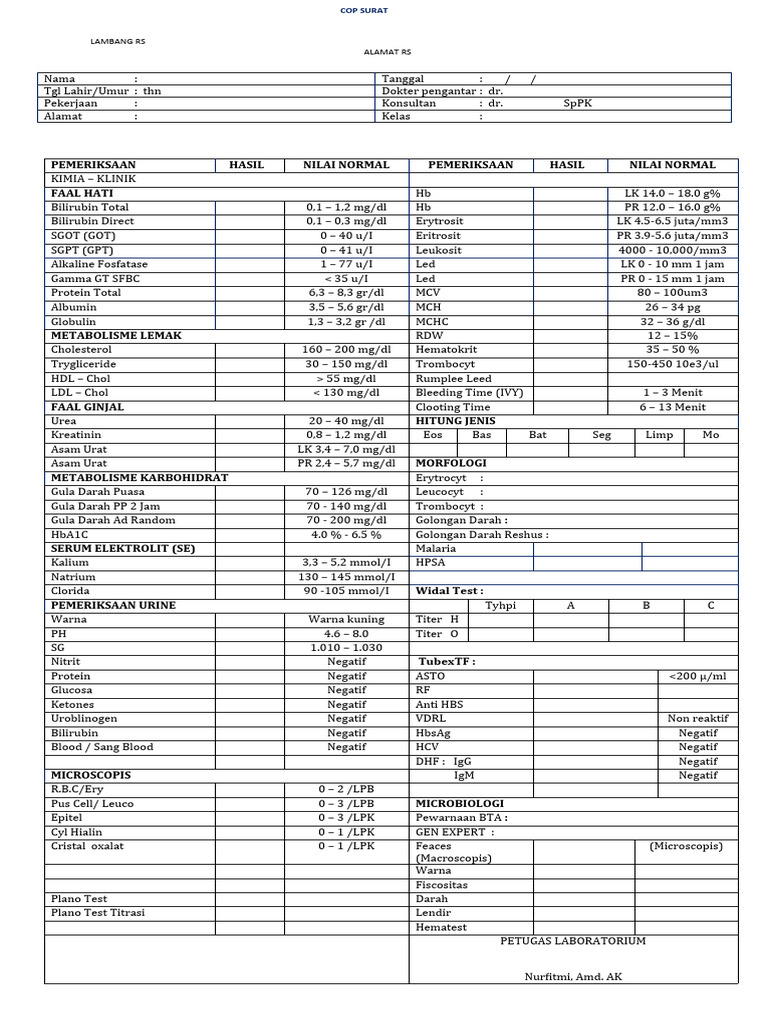 Blangko Pencatatan Hasil Laboratorium | PDF