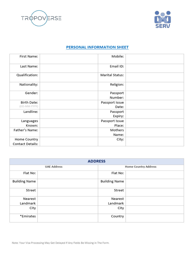 Tropoverse & Serv - Personal Information Sheet | PDF | Travel Visa ...