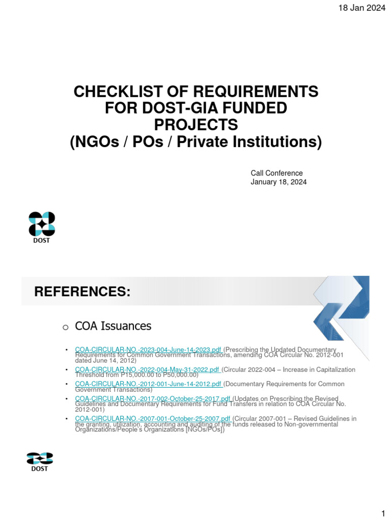 CHECKLIST OF REQUIREMENTS FOR DOST-GIA FUNDED PROJECTS (NGOs POs ...