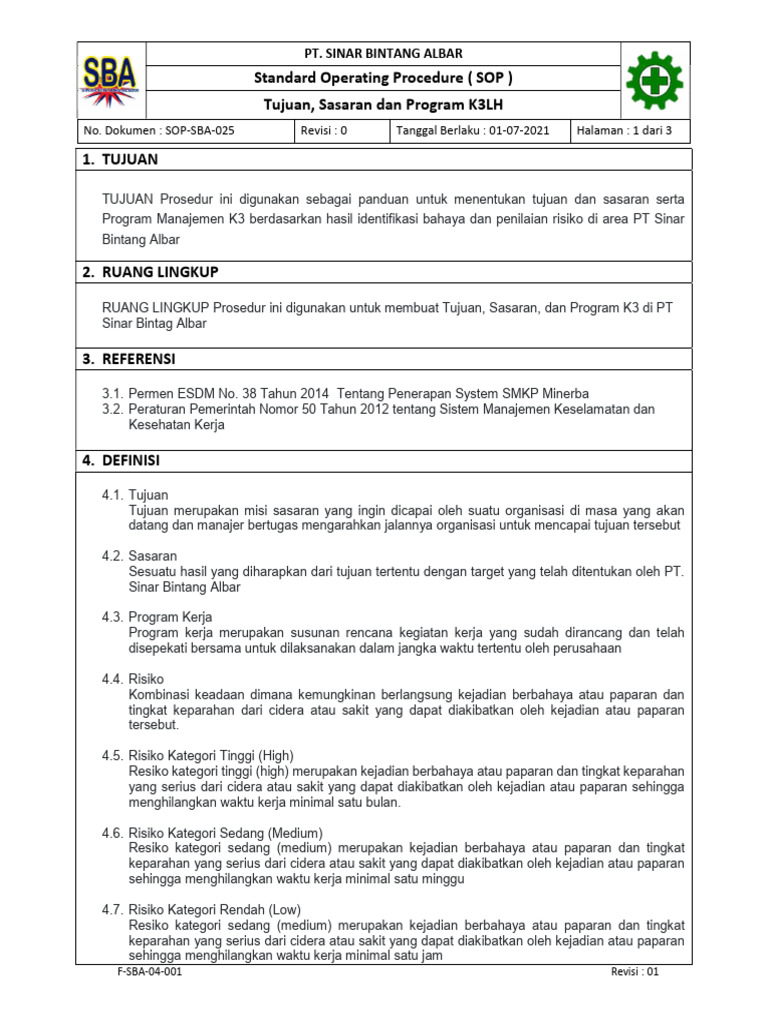 SOP-SBA-025 Tujuan, Sasaran dan Program K3LH | PDF